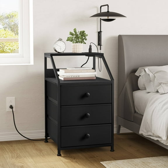 Gianna Nightstand with Charging Station, Bedside End Table with 3 ...