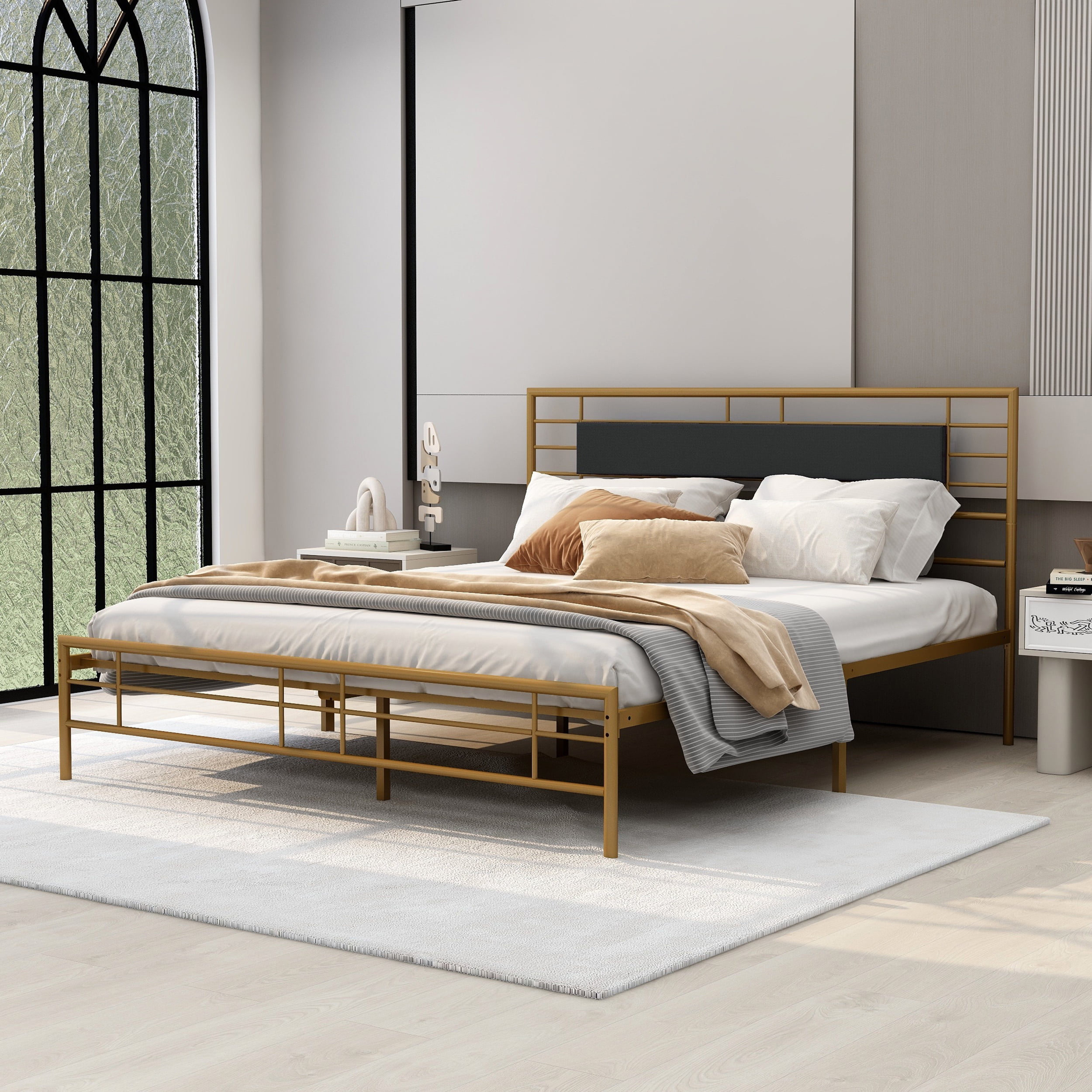 NNV Furniture California King Size Metal Bed Frame with Leather ...