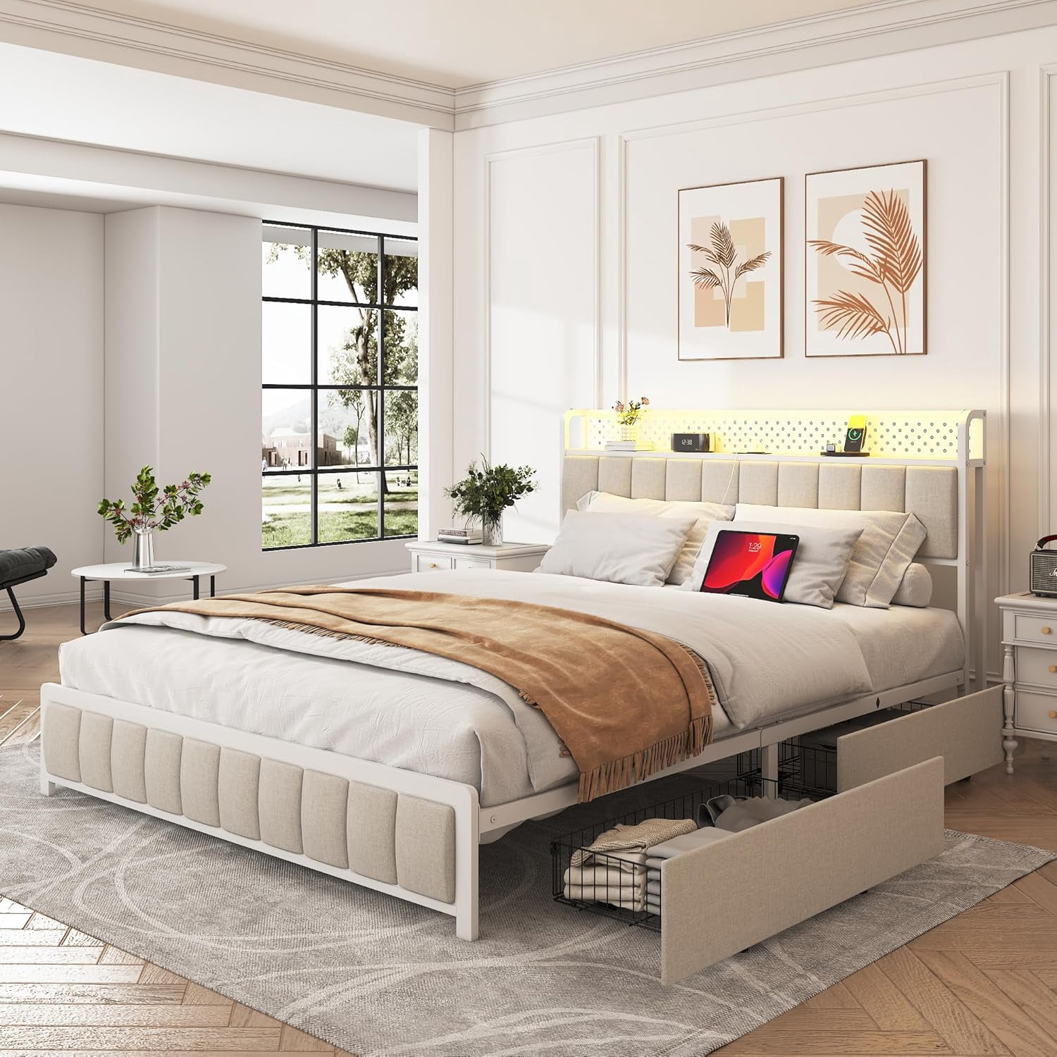 NNV Full Bed Frame with Upholstered Headboard Iron Platform Bed with ...