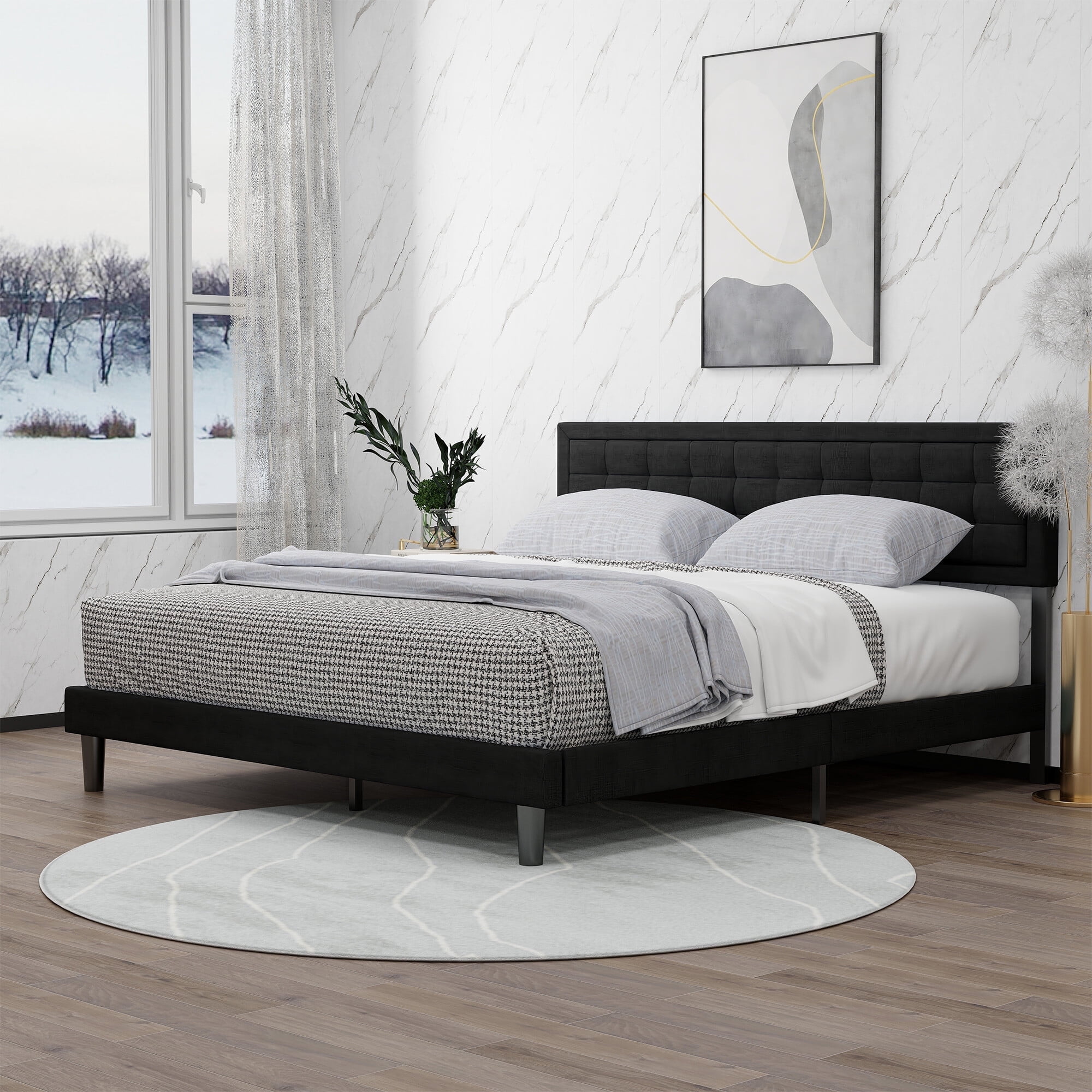 NNV King Size Bed Frame Linen Upholstered Platform with Adjustable ...