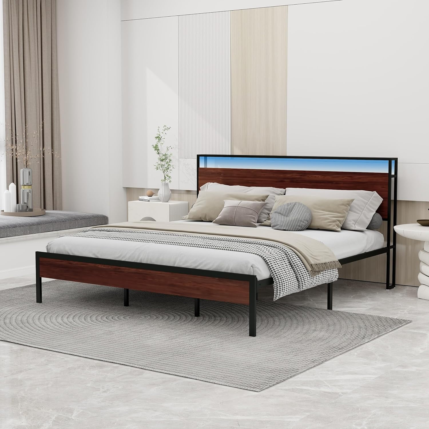 NNV King Size Metal Platform Bed Frame with USB Ports & AC Outlets, LED ...