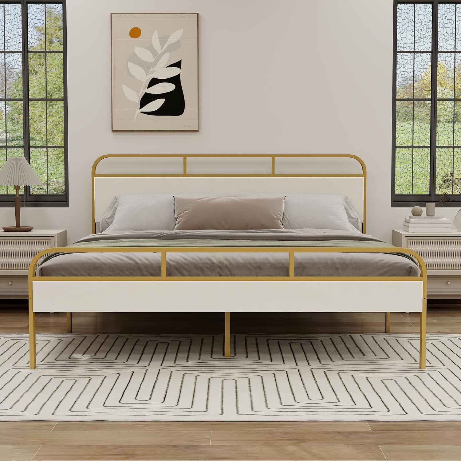 NNV Metal Platform King Size Bed Frame with Velvet Upholstered ...