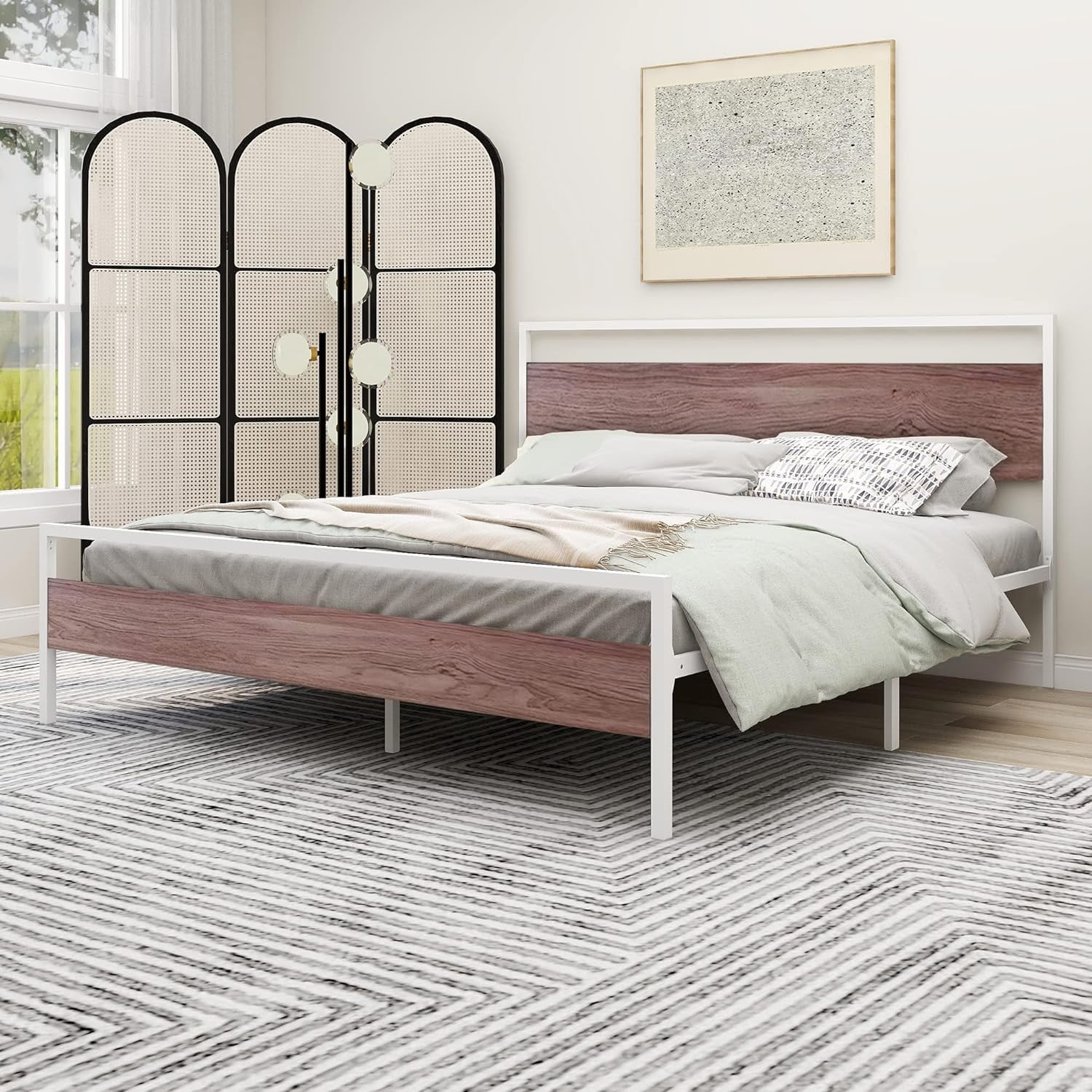 NNV Metal Platform King Size Bed Frame with Wooden Headboard and ...