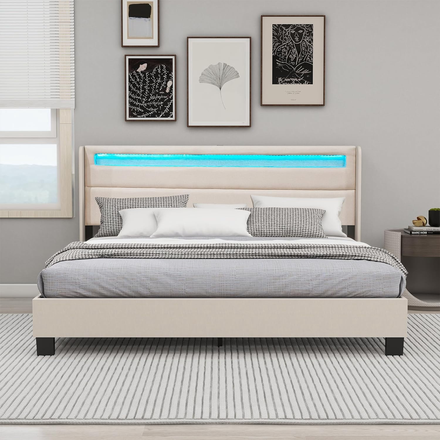 NNV Modern King Size Upholstered Platform Bed Frame with LED Lights for ...