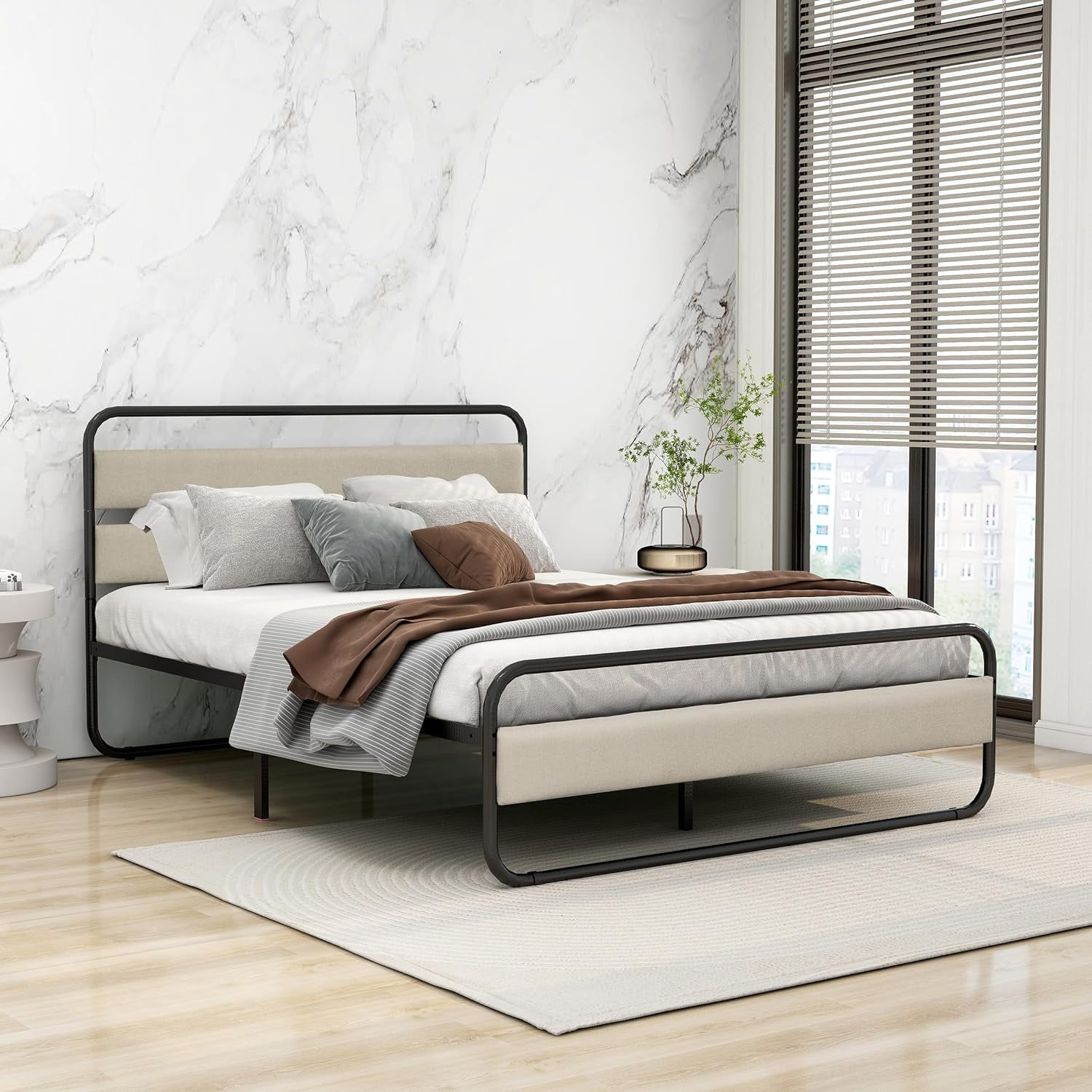 NNV Queen Bed Frame with Upholstered Linen Headboard, Round Pipe Design ...