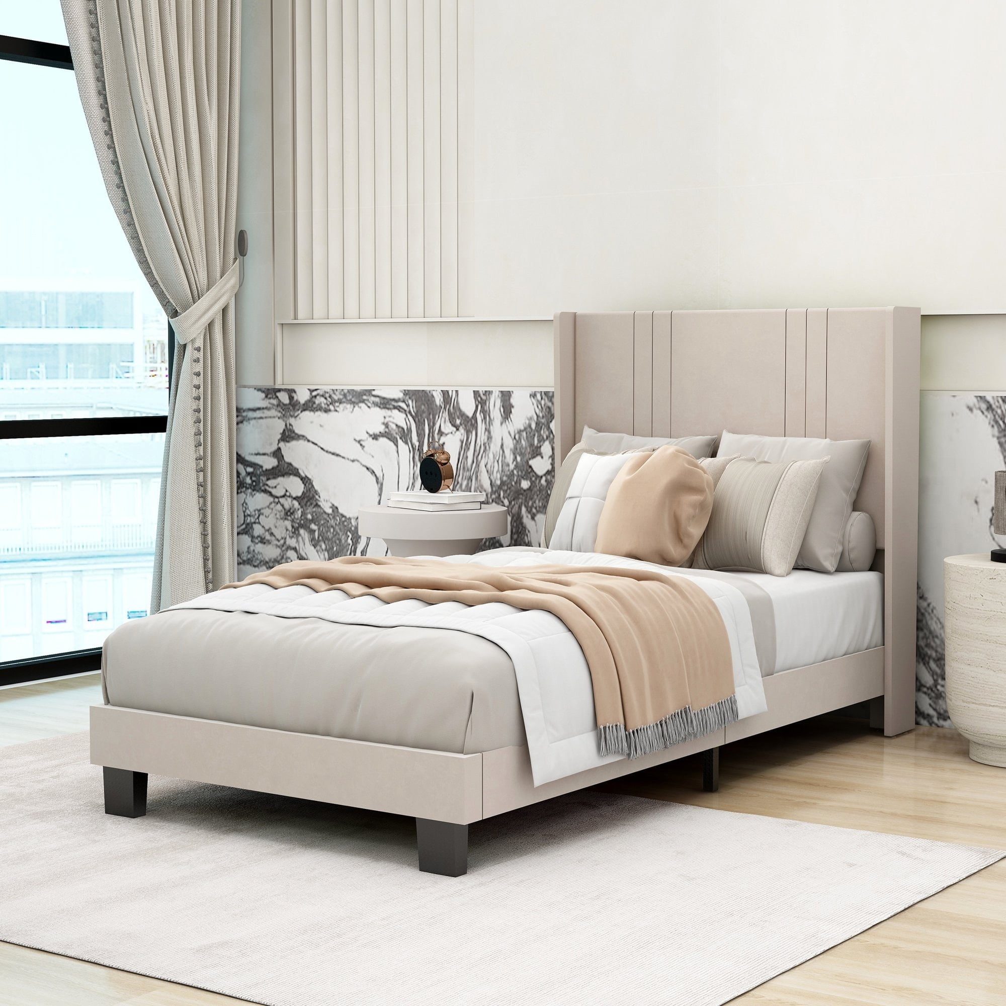 NNV Upholstered Bed Frame with Headboard, Wooden Slats Support, Easy ...