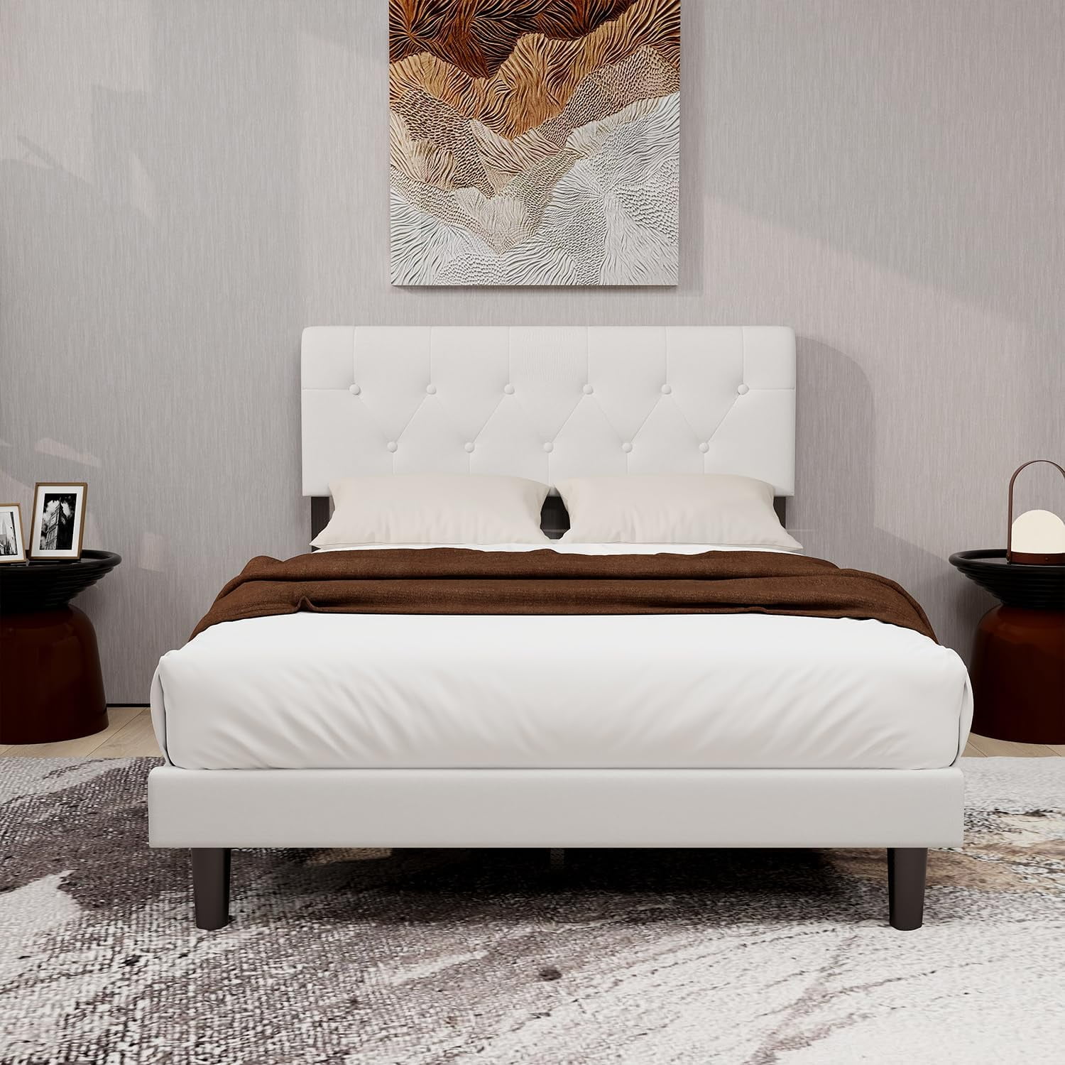 NNV Upholstered Platform Full Size Bed Frame with Adjustable Button ...
