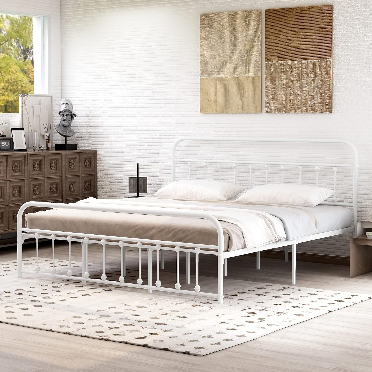 NNV Vintage Metal King Bed Frame, Headboard, Easy Assembly, White, Size ...