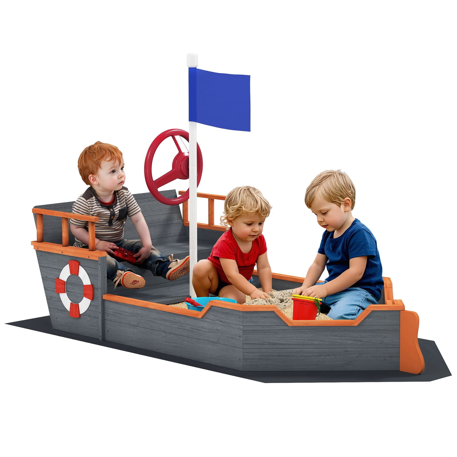 NNYYS Wooden Sandbox, Pirate Ship Outdoor Sandboat with Bench Seats ...