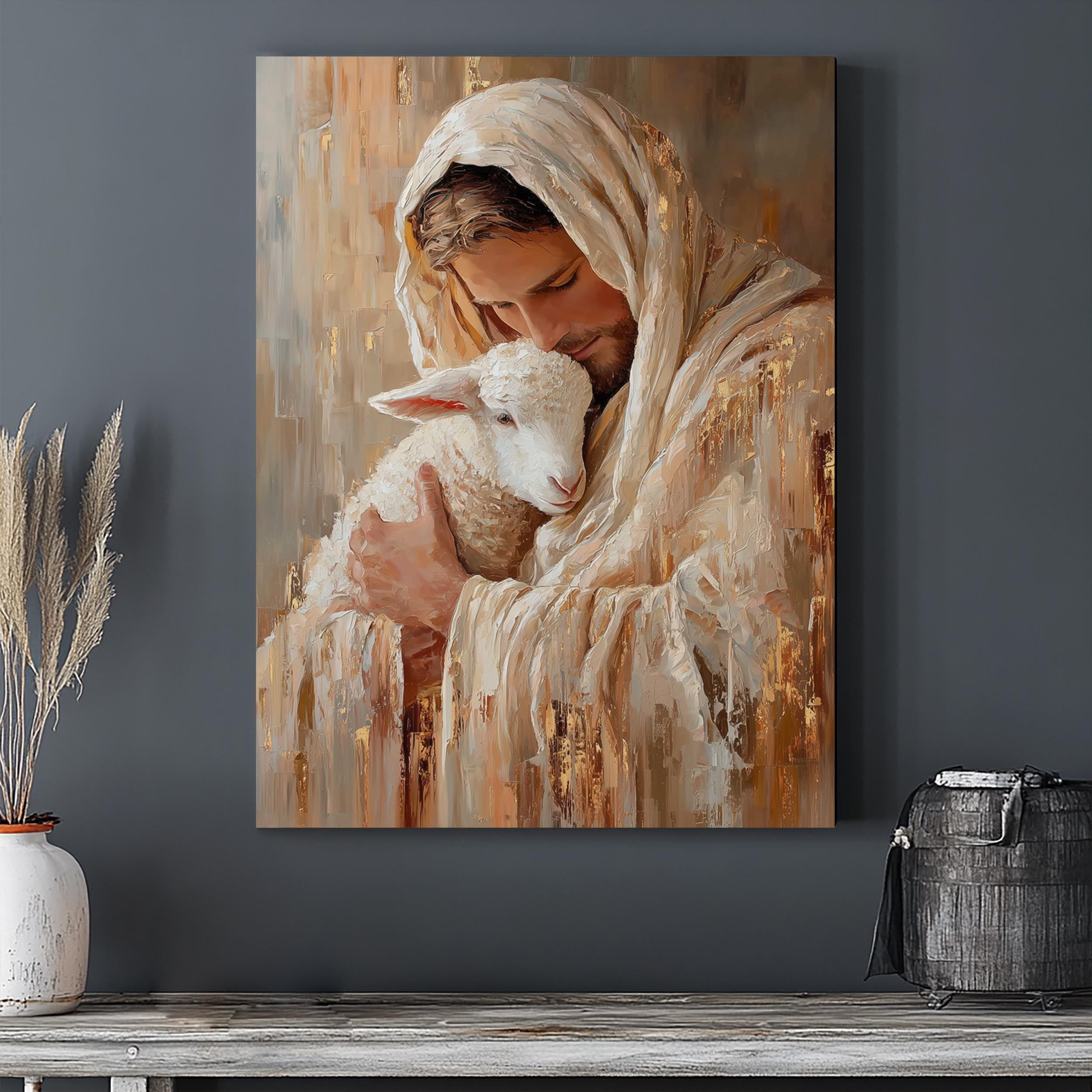 NO FRAME Jesus Hugging Lamb Canvas | Christian Wall Art | Good Shepherd ...