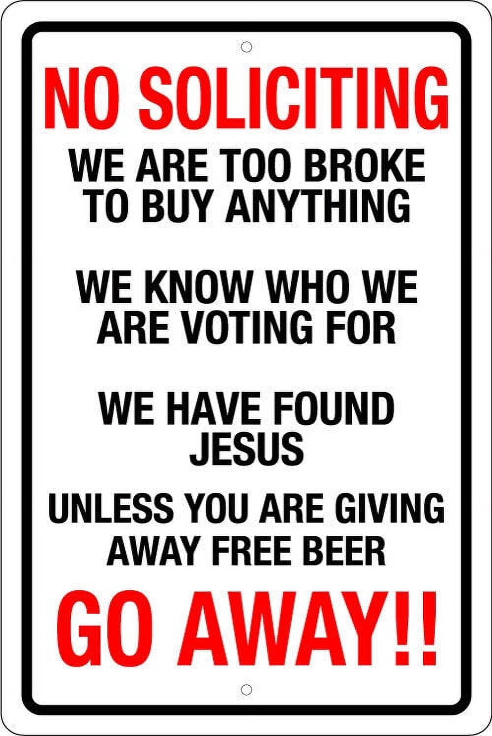NO SOLICITING SIGN NO TRESPASSING, NO SALESMAN, FRONT DOOR Size: 8 x 12 ...