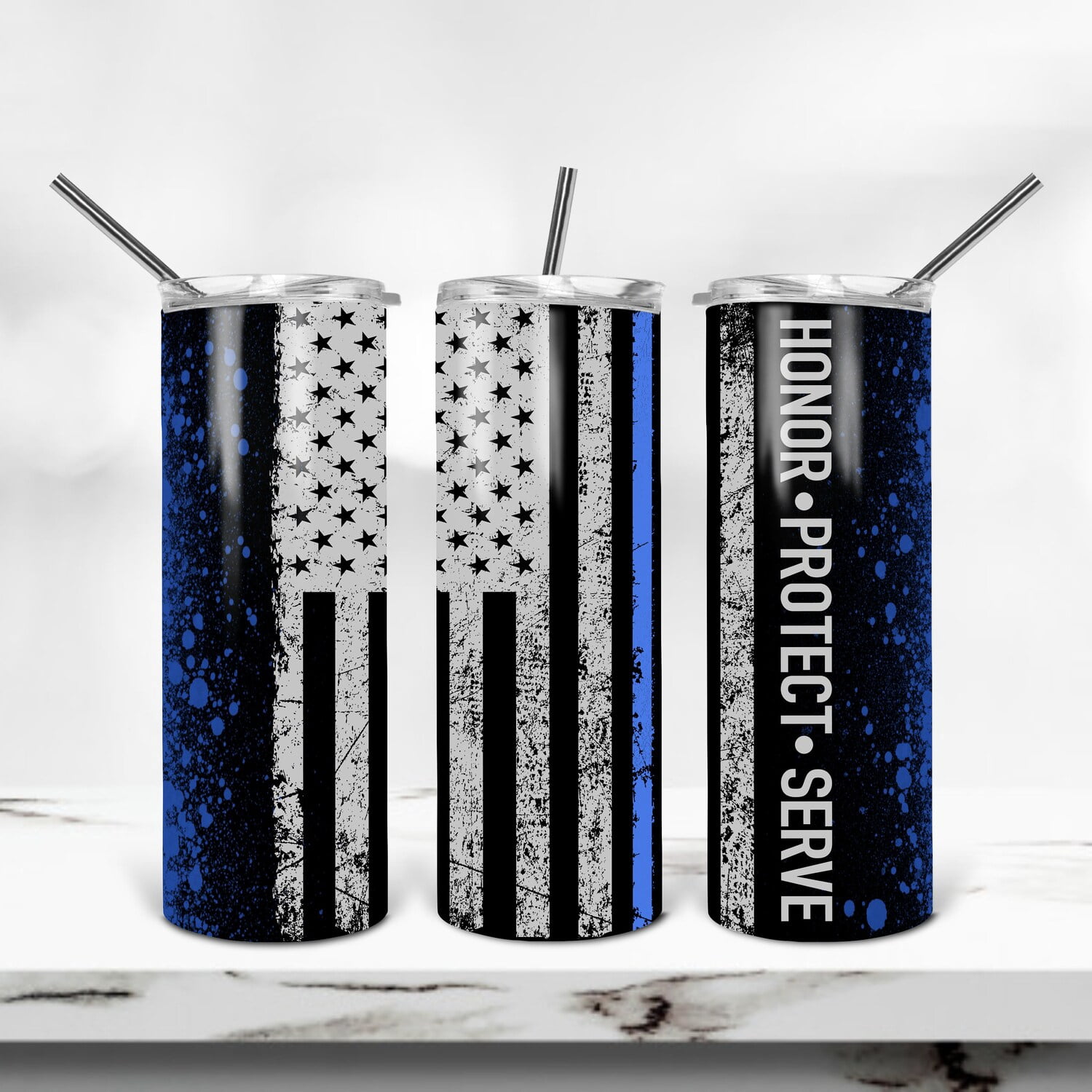 [NO STRAW] 20 oz Skinny Tumbler, Blue Line Police Flag Distressed ...