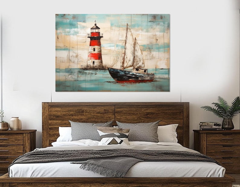 [NO frameless] DecorHub Vintage Nautical Lighthouse and Sailboat Rustic ...