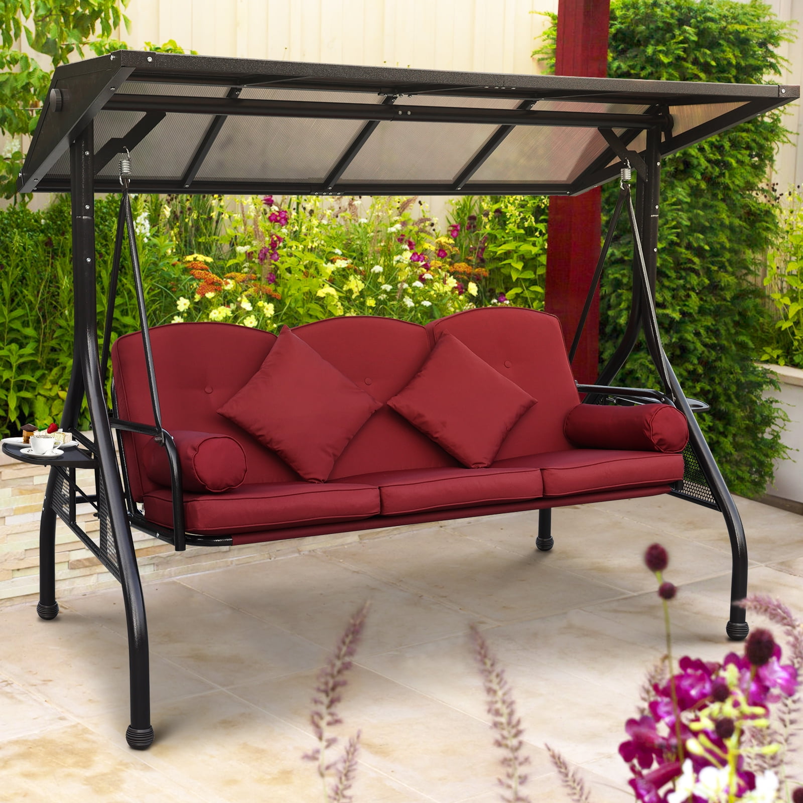 NOBLEMOOD 3 Seat Patio Swing with Hardtop, Convertible Backrest, Cup ...
