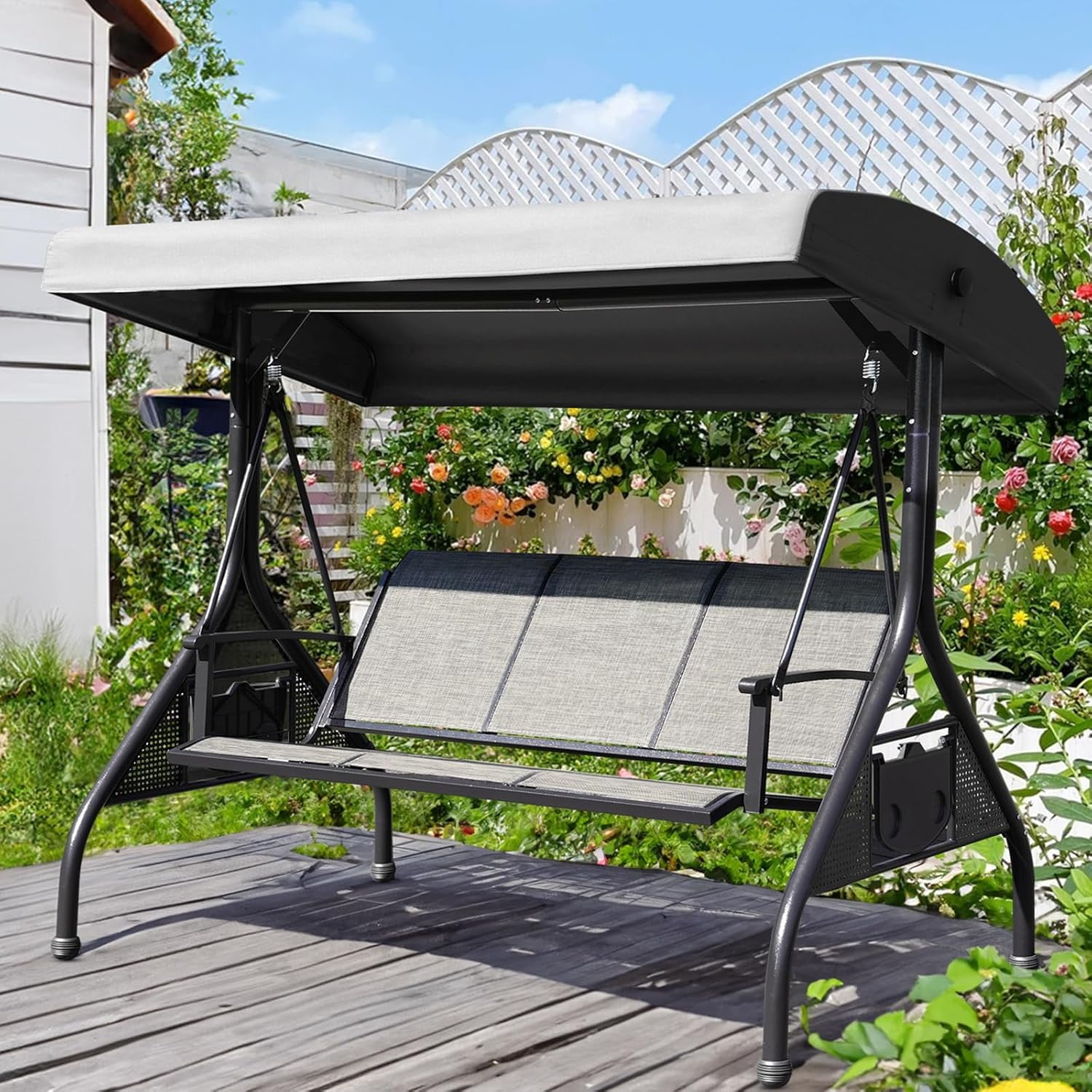 NOBLEMOOD Outdoor Patio Swing with Adjustable Canopy, 3 Seat Outdoor ...