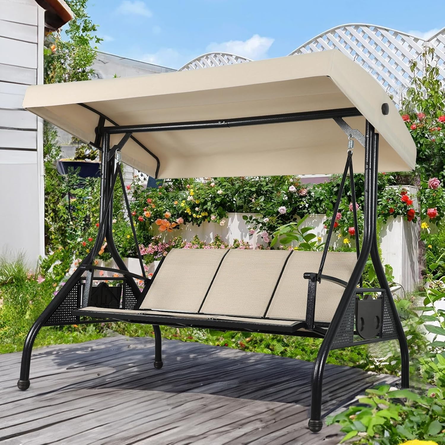 NOBLEMOOD Outdoor Patio Swing with Adjustable Canopy, 3 Seat Outdoor ...