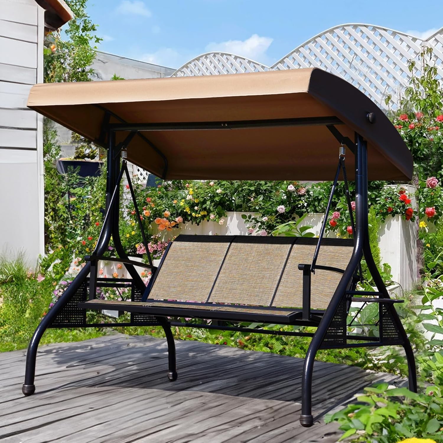 NOBLEMOOD Outdoor Patio Swing with Adjustable Canopy, 3 Seat Outdoor ...