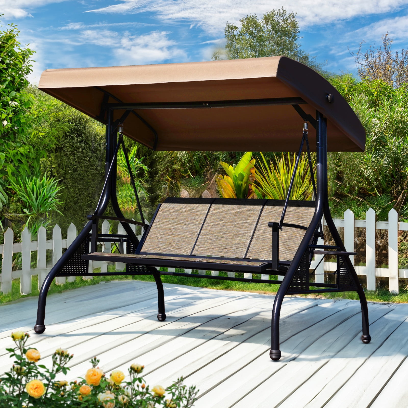 NOBLEMOOD Outdoor Patio Swing with Adjustable Canopy, Cup Holders ...
