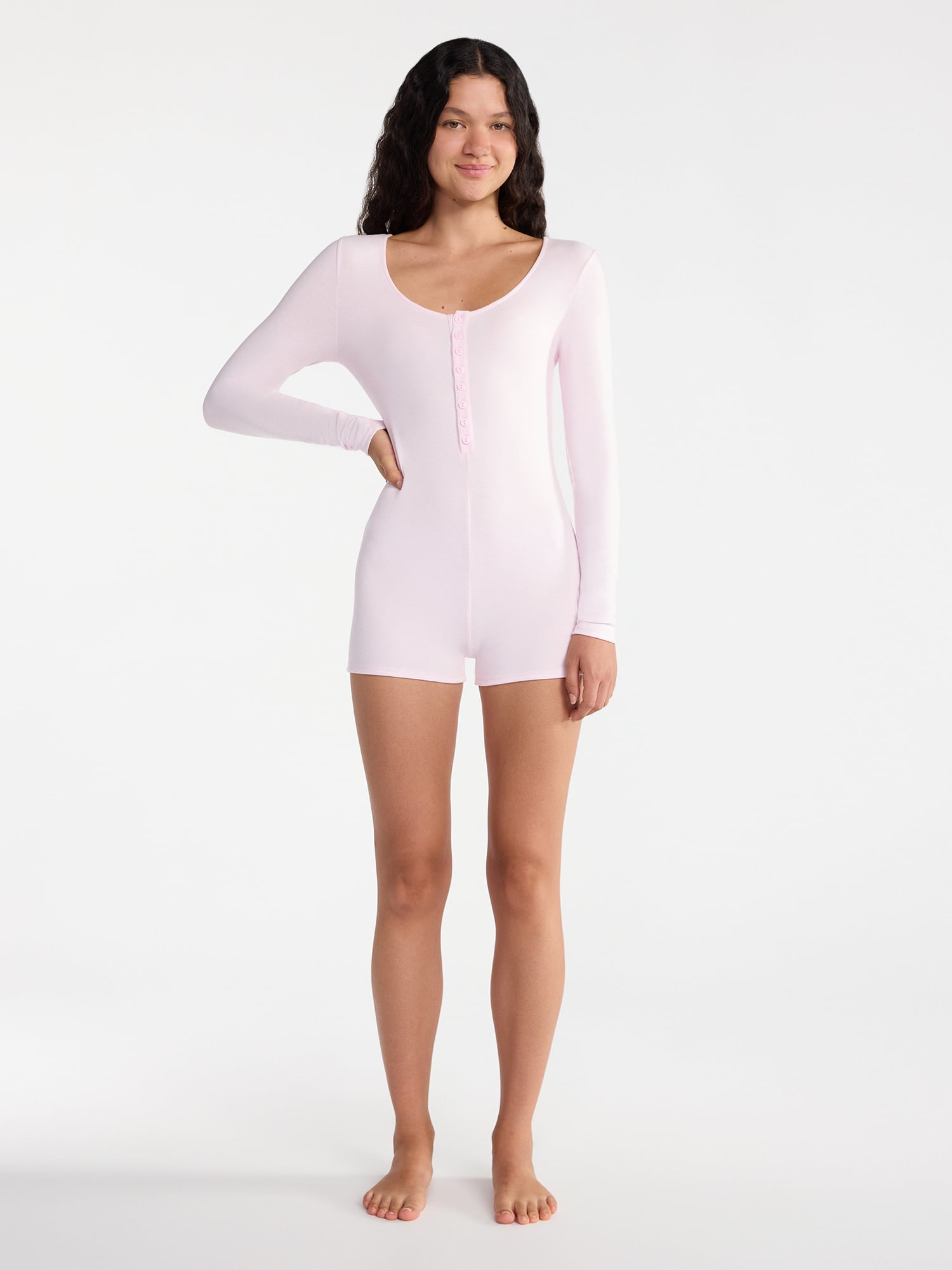 No Boundaries Button Front Sleep Romper with Long Sleeves, Women’s ...