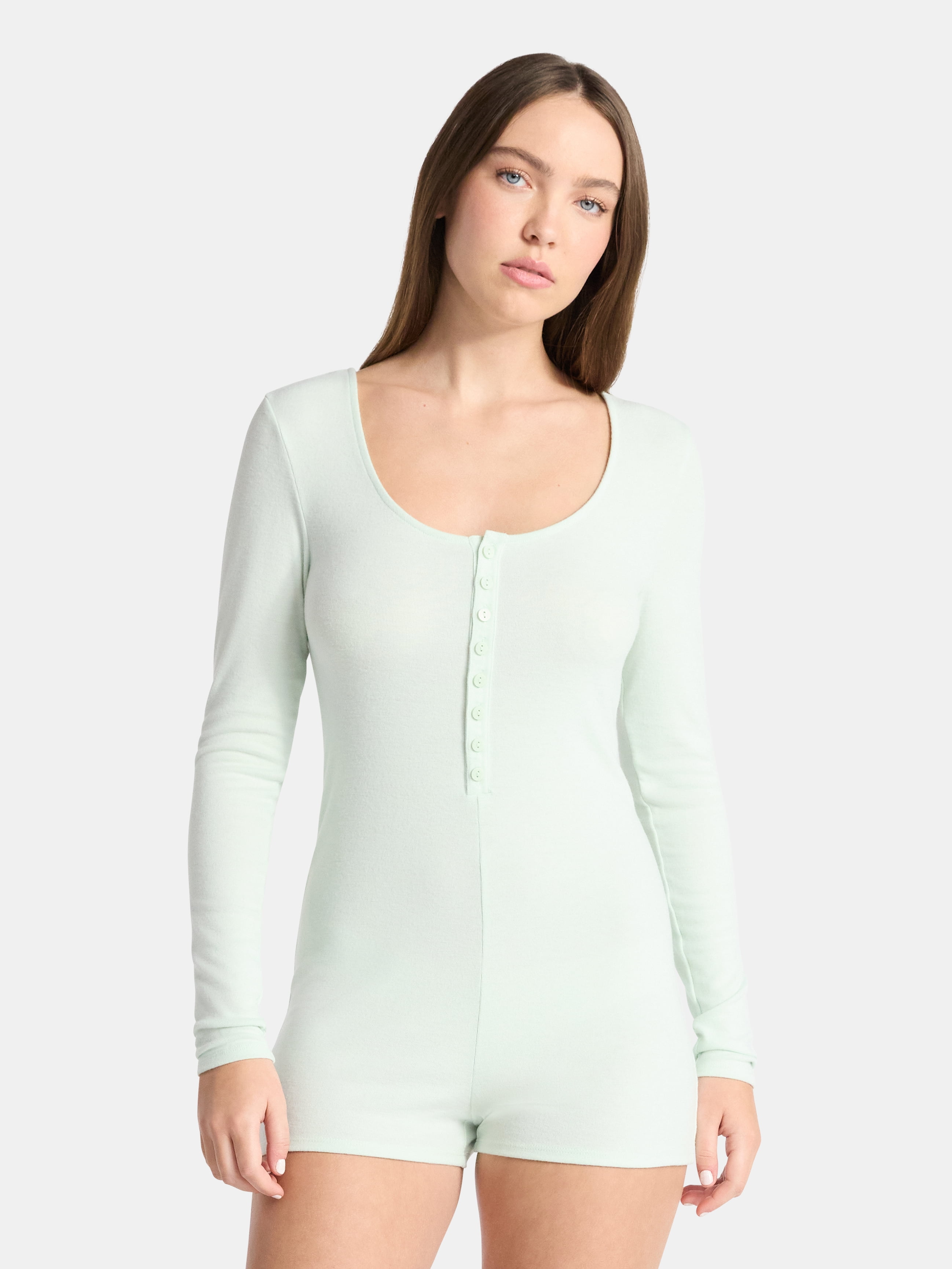 No Boundaries Button Front Sleep Romper with Long Sleeves, Women’s and ...