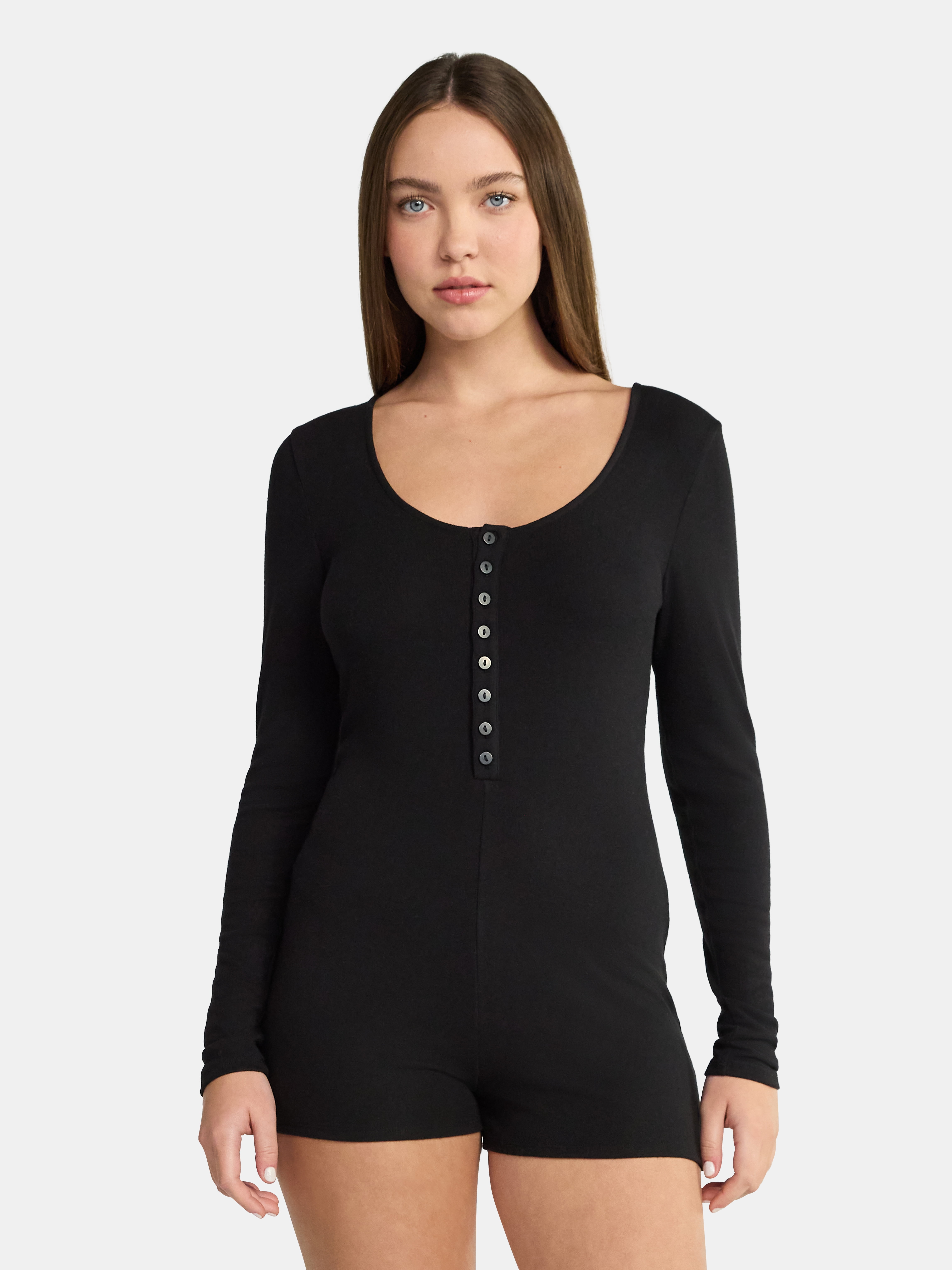 No Boundaries Button Front Sleep Romper with Long Sleeves, Women’s and ...