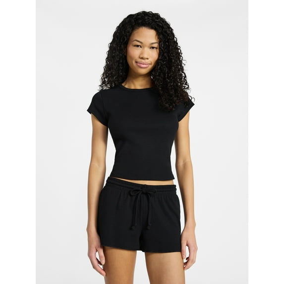 No Boundaries Sleep Ribbed Tee and Shorts Set, 2-Piece, Women’s XXS-3X ...