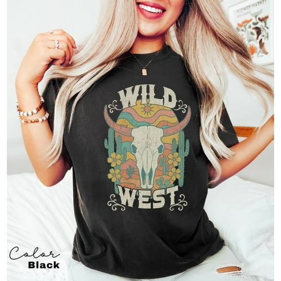 NODB Wild West Bull Skull Shirt, Retro Western Desert Graphic Tee, Cow ...