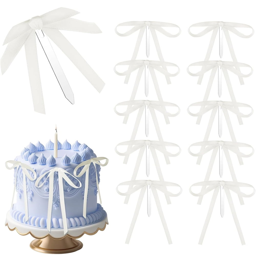 NOGIS 10 Pcs White Bow Ribbon Cake Toppers 3 x 5 Inches Satin Bow Cake ...