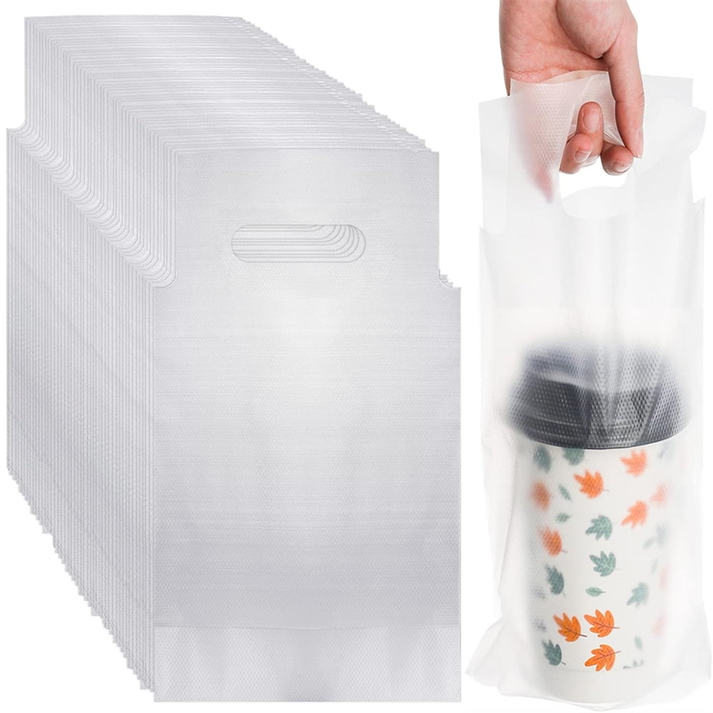 NOGIS 100 Pack Handle Drinking Poly Bags, Clear Cup Carrier with Handle ...