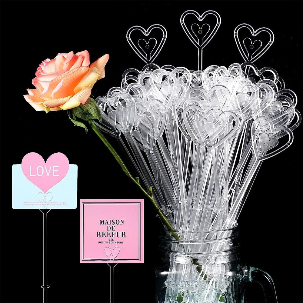 NOGIS 100 Pieces Plastic Clear Floral Picks Card Holders Heart Head Flower Pickers Card Holders ...