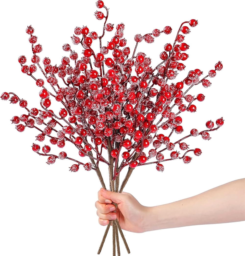 NOGIS 12 Pack Christmas Artificial Berry Picks Xmas Winter Frosted Red ...