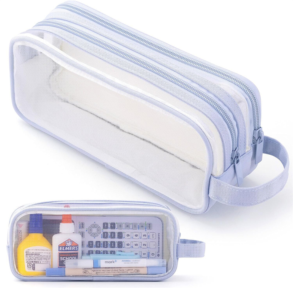 NOGIS 2 Compartment Pencil Case Clear Mesh Pen Pouch Grid Makeup ...