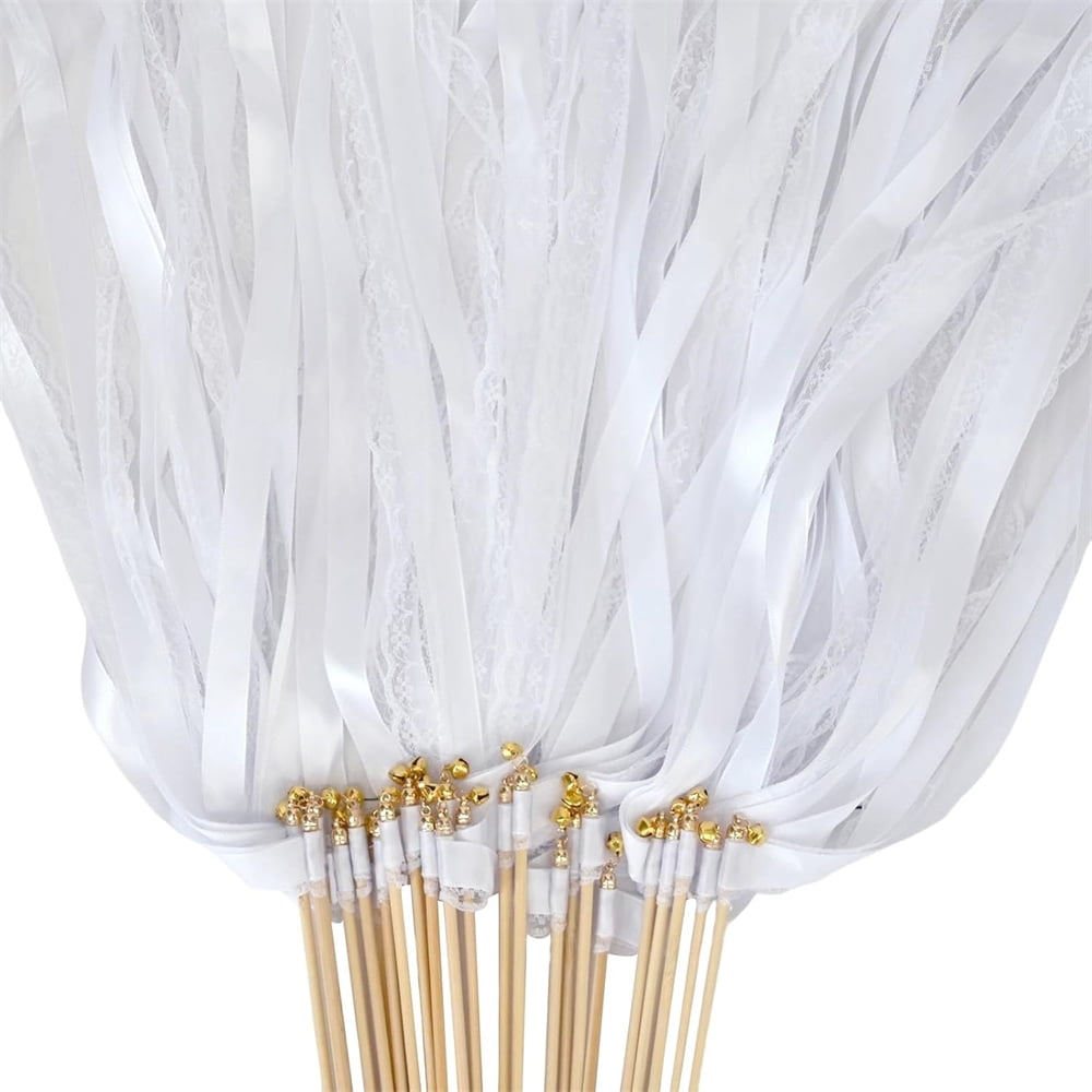 NOGIS 20 Pack White Lace Wedding Ribbon Wands Streamers with Bells Silk ...