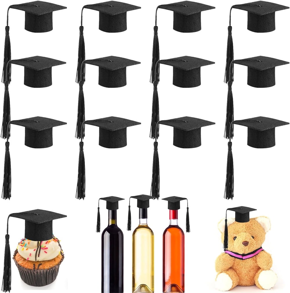 NOGIS 24 Pcs Mini Graduation Caps Bottle Toppers Decorations Black Felt ...