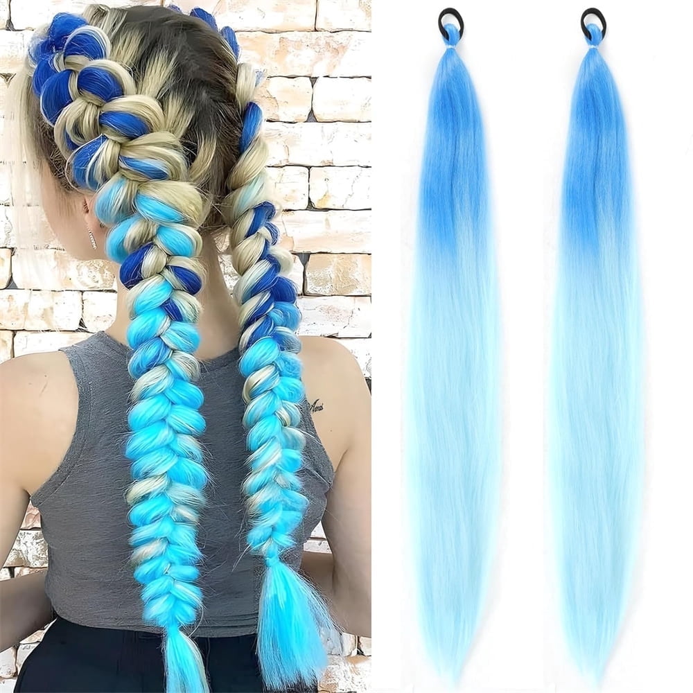 NOGIS 2Pcs Blue Hair Extensions with Elastic Tie 26 Inch Braiding Hair ...
