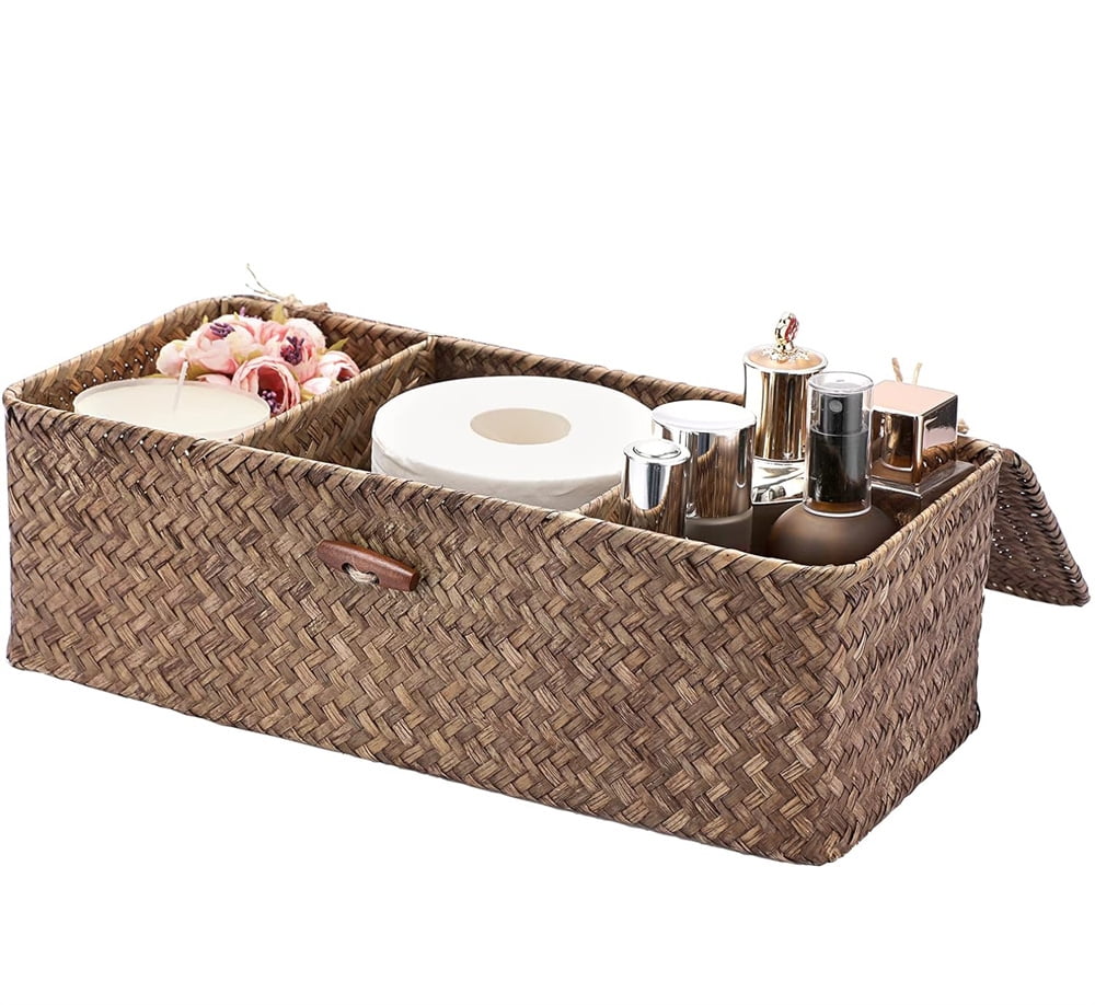 NOGIS 3 Compartment Storage Basket with Lid 3 Grid Hand-Woven Water ...
