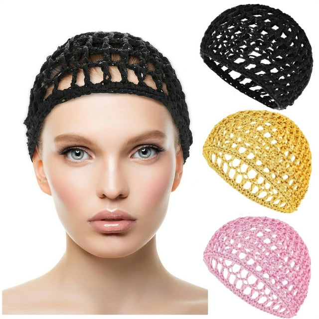 NOGIS 3 Pieces Mesh Crochet Hair Net Rayon Knit Snood Hat Thick Short ...