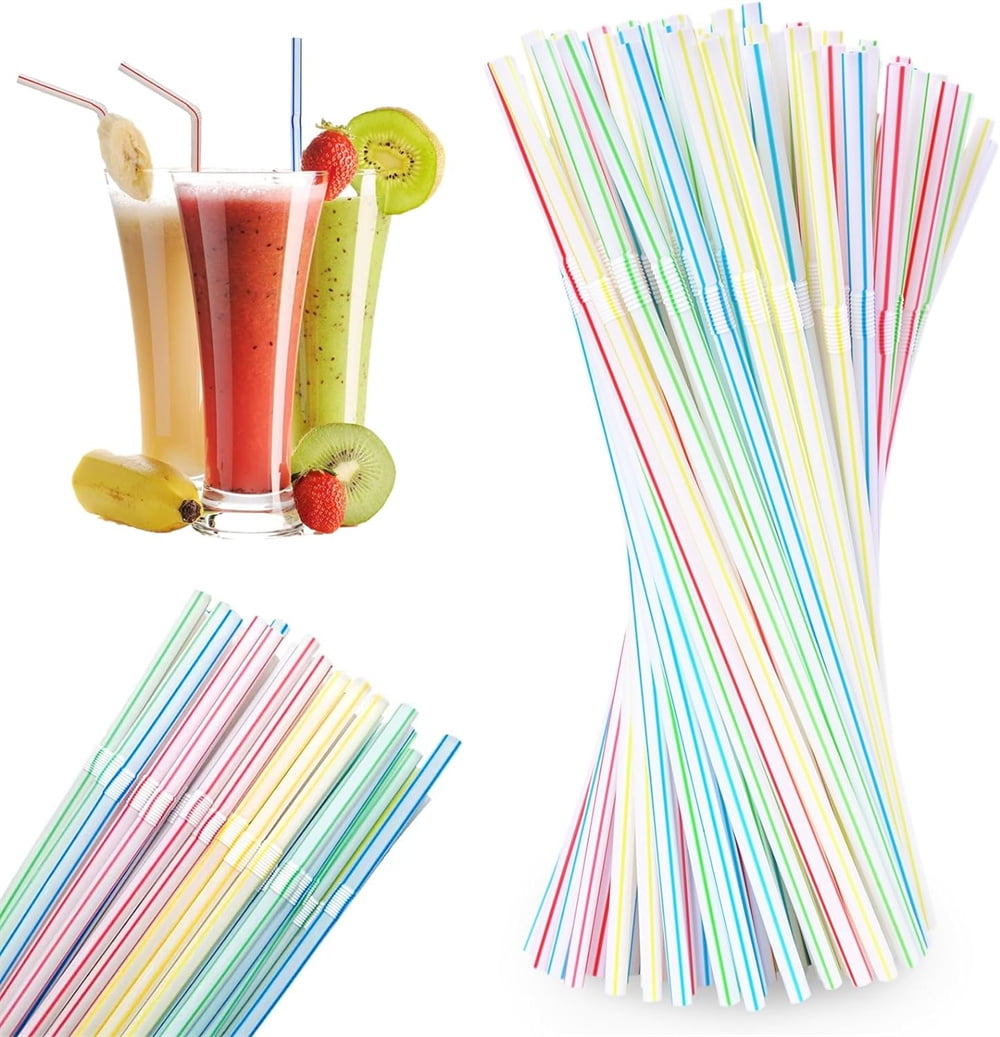 NOGIS 300pcs Plastic Drinking Straws, Flexible Straws, 8" Long, Stripes ...