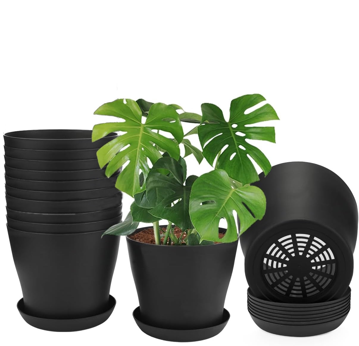 NOGIS Plastic Flower Planter, Black, 4 Inch, 8 Pack, Multiple Drainage ...