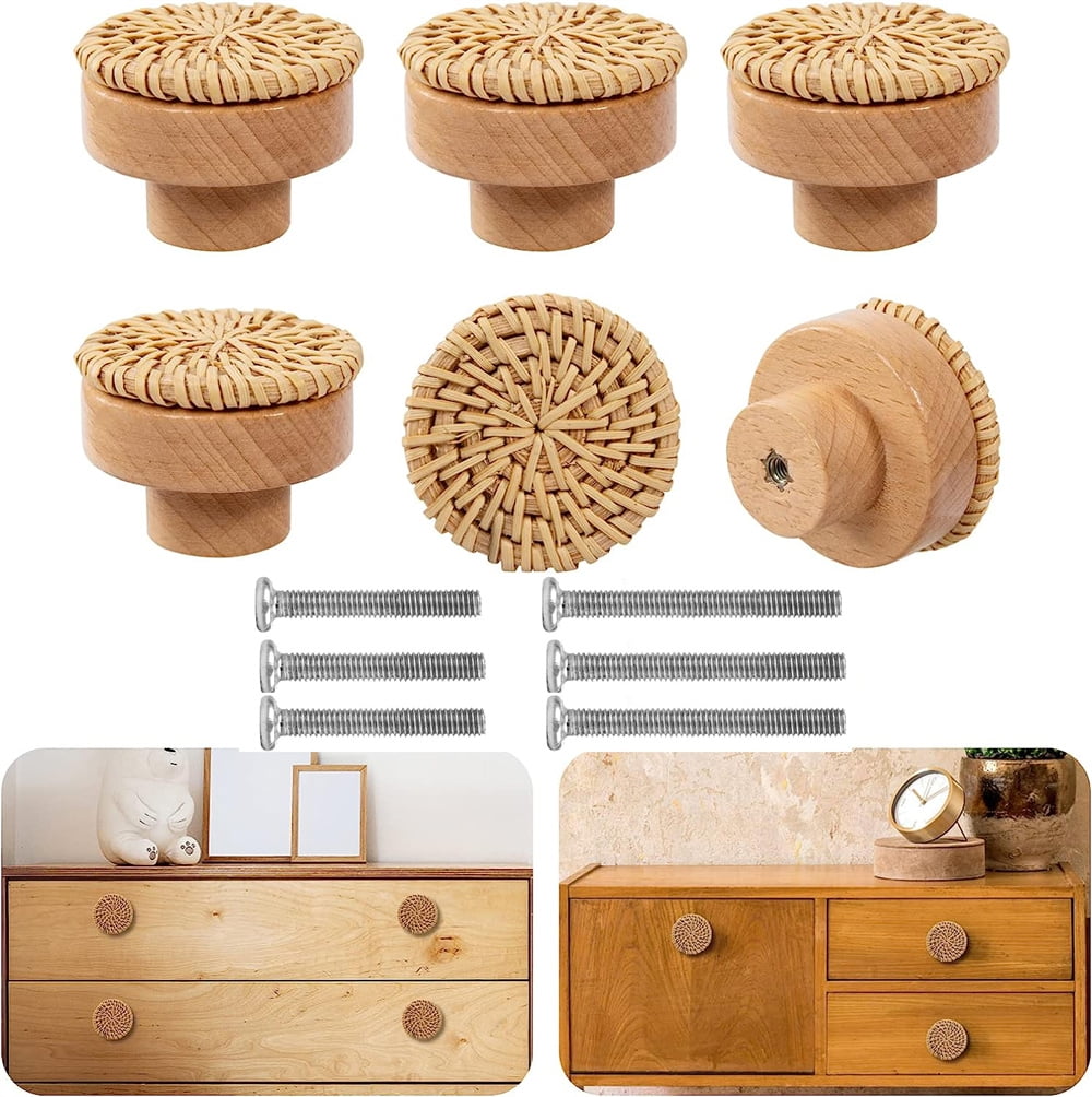 NOGIS 6 Pack Boho Rattan Dresser Knobs Wood Drawer Knobs Handmade Woven ...