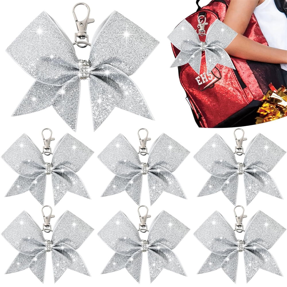 NOGIS 6PCS Cheer Bow Key Chain Glitter Silver Hair Bow for Girls ...