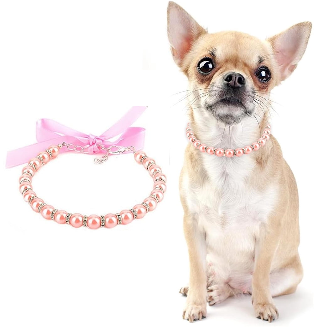 NOGIS Dog Cat Pearls Necklace Collar with Bling Accessories and Ribbon ...
