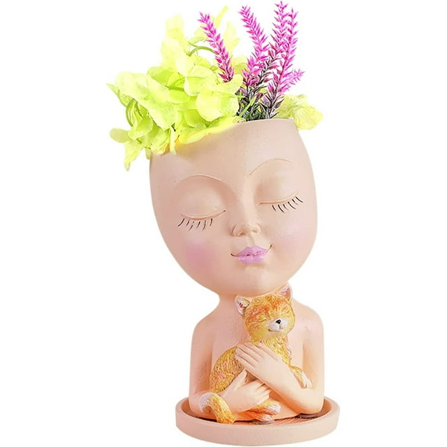 NOGIS Face Planter Pot Head Planter - Cute Lady Face Hugging a Cat ...