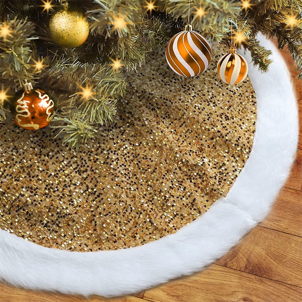 NOGIS Gold Christmas Tree Skirt with Sequin Faux Fur, 36 Inch Tree ...