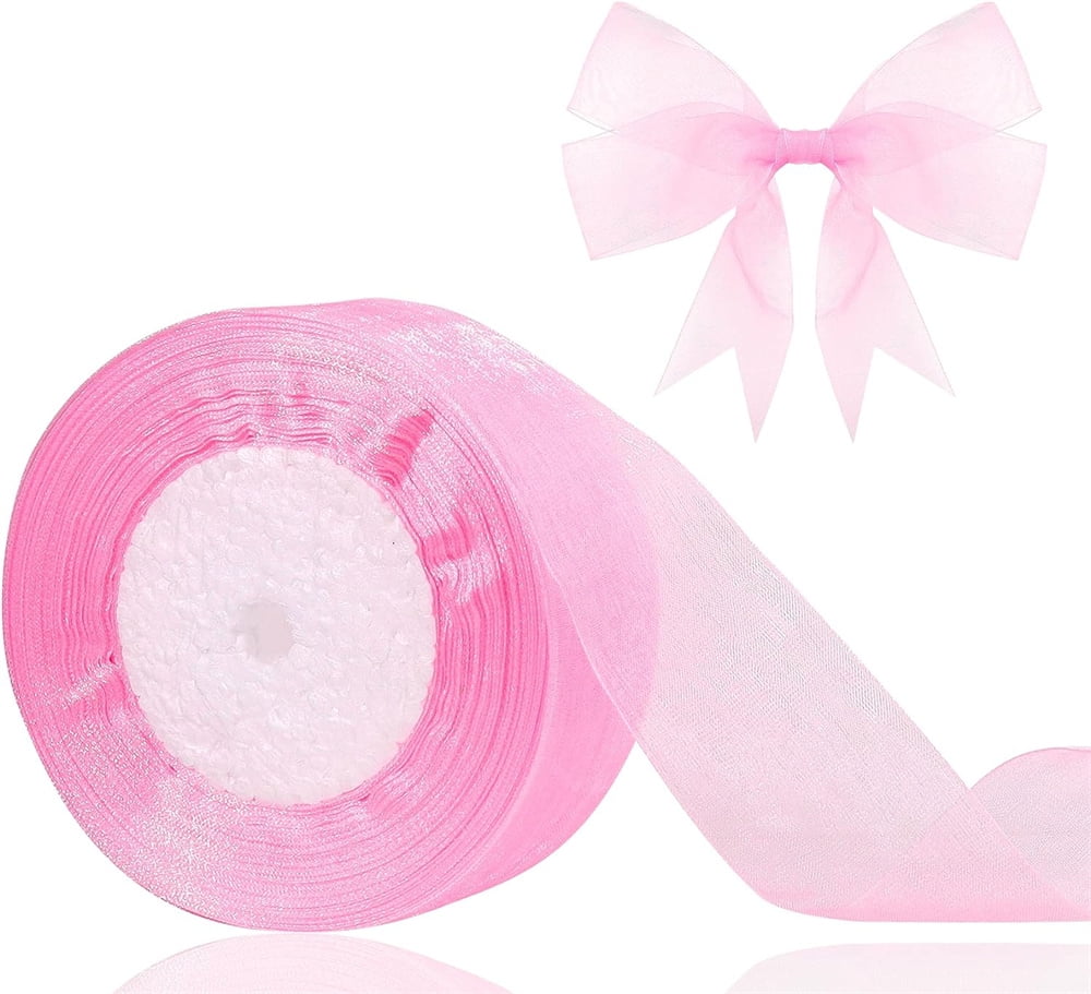 NOGIS Pink Sheer Ribbon, 50 Yards 1-1/2 inch Wide Shimmer Sheer Organza ...