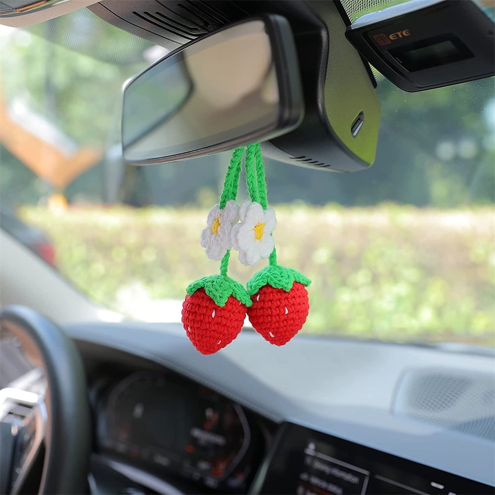 NOGIS Rear View Mirror Dangle Pendant Cute Crochet Strawberry Plant ...