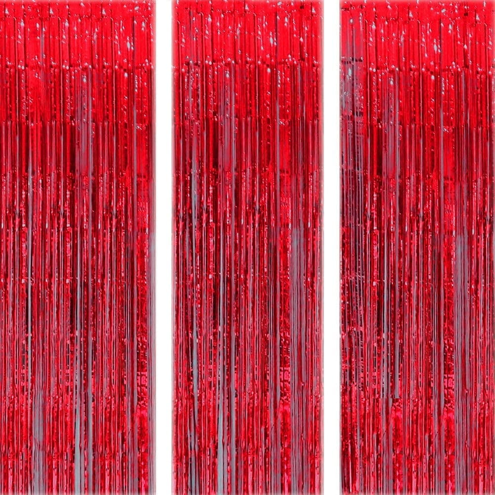 NOGIS Red Foil Fringe Curtain, 3PCS 3ft x 8.3ft Metallic Tinsel Door ...