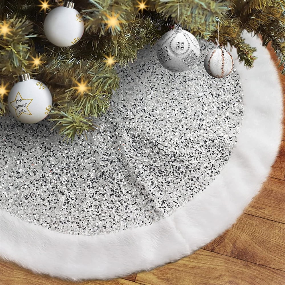 NOGIS Silver Christmas Tree Skirt with Sequin Faux Fur, 36 Inch Tree ...