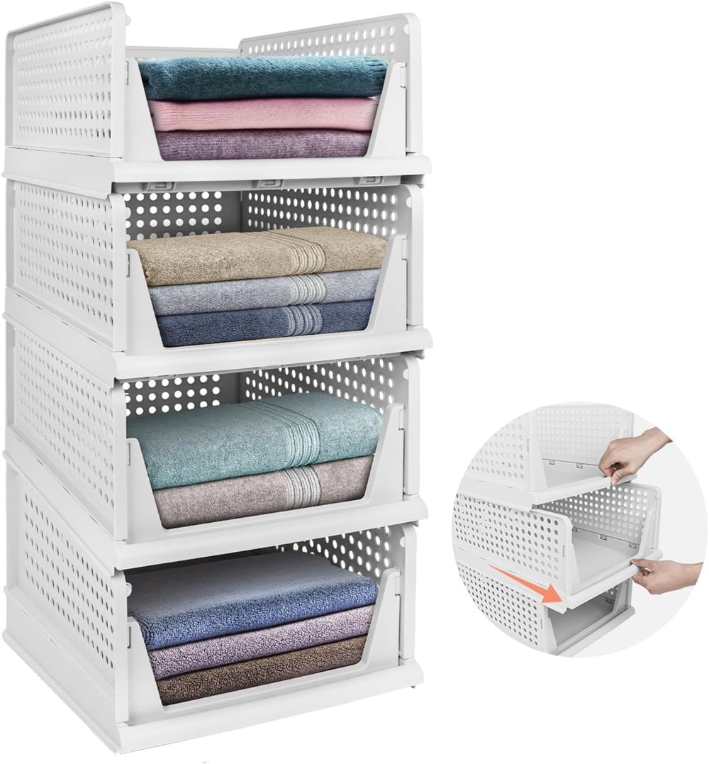 NOGIS Stackable Plastic Storage Basket - 4 Pack White Plastic Folding ...