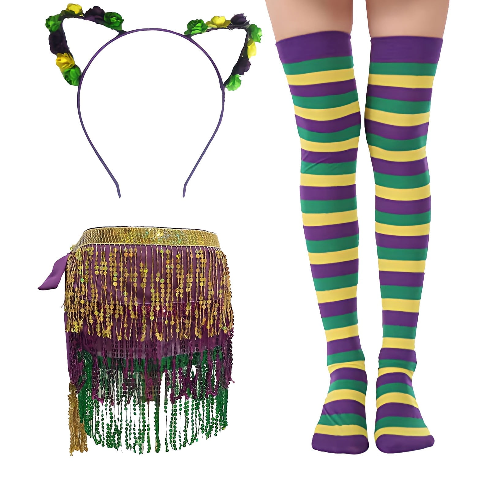 NOKIO 3 Piece Mardi Set Headband Tights Sequin Tassel Skirt Carnival Mardi Party Thigh High ...